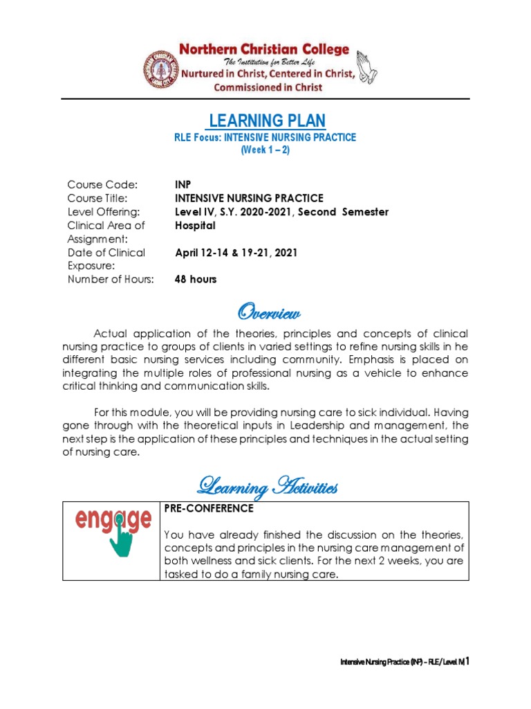 LEARNING PLAN IN INTENSIVE NURSING PRACTICE Week 1-3 | PDF | Nursing ...