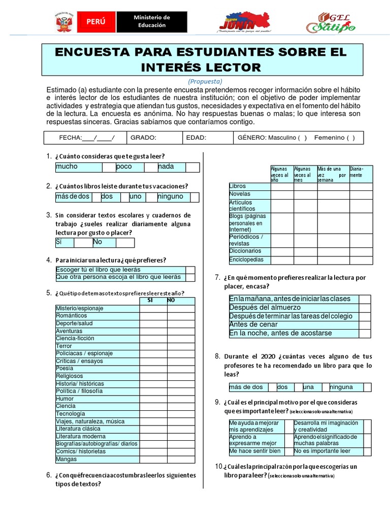 Plan Lector - Encuesta para Estudiantes Sobre El Interés Lector | PDF ...
