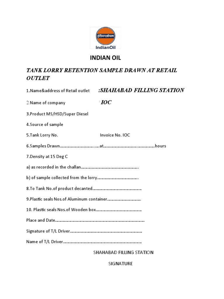 Indian Oil: Tank Lorry Retention Sample Drawn at Retail Outlet:Shahabad ...