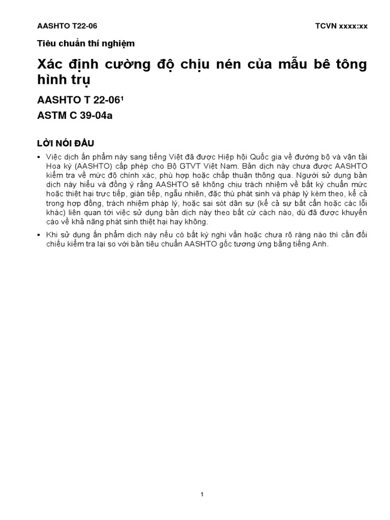 Aashto t22 06 - Tieu Chuan Duc Va Nen Mau - Astm c39 (Xac Dinh Cuong Do Chiu Nen Cua Mau Be Tong ...