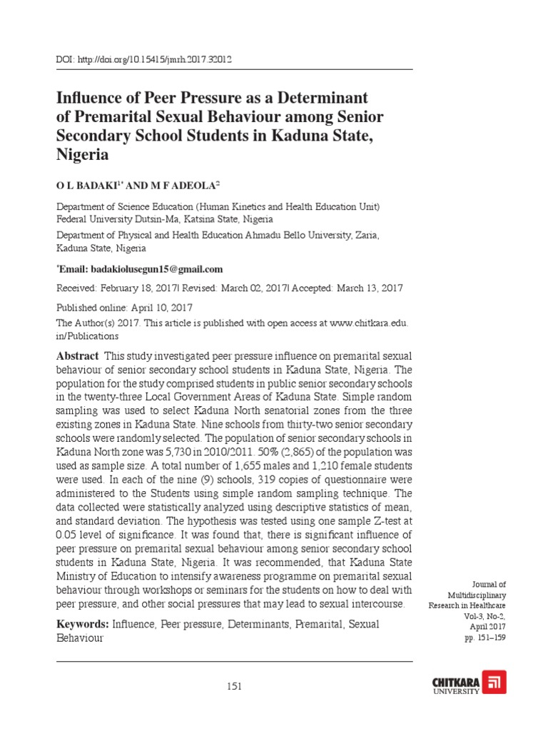 Peer Pressure and Premarital Sex in Kaduna | PDF | Adolescence | Human ...