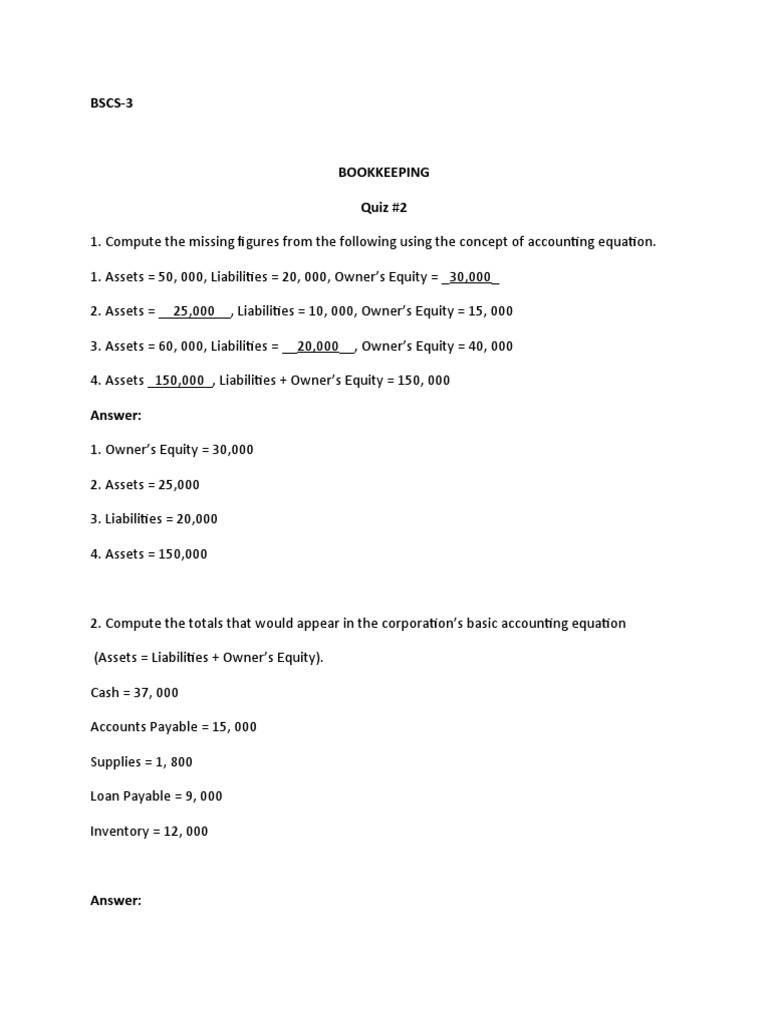 Accounting Quiz on the Basic Accounting Equation, Journal Entries, and ...