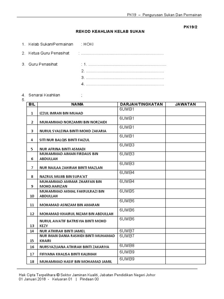 Lampiran PK19-2 Rekod Keahlian Sukan Hoki THN 6 | PDF