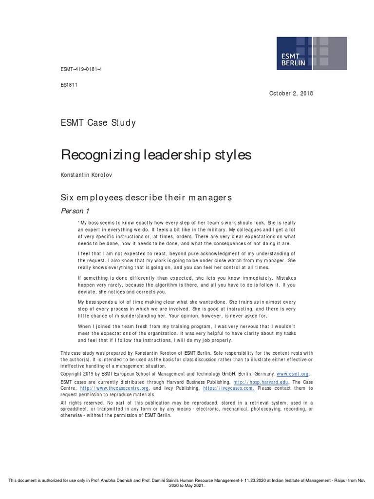 Recognizing Leadership Styles: ESMT Case Study | PDF | Expert | Leadership