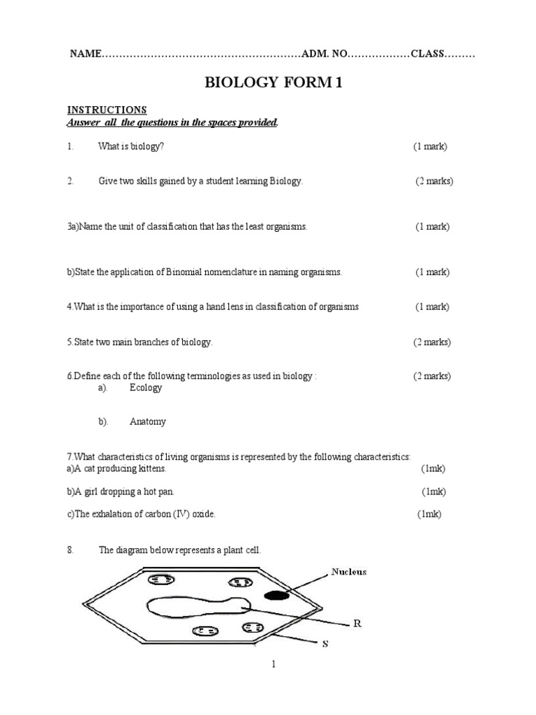 Biology Form 1: Answer All The Questions in The Spaces Provided | PDF ...