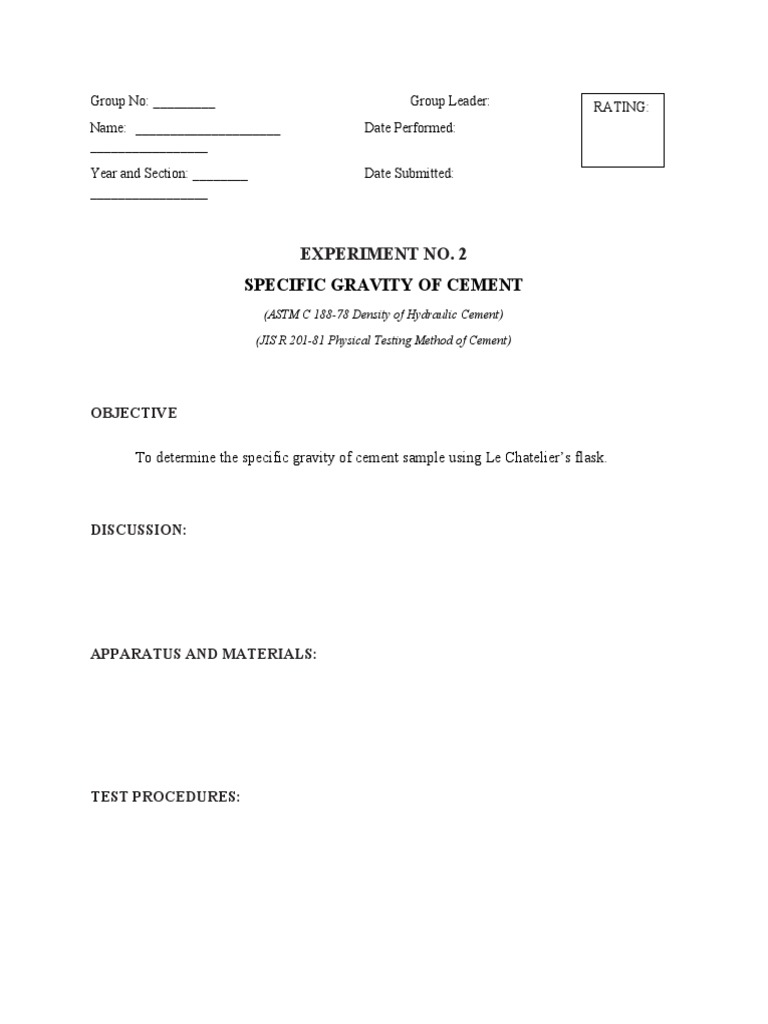 Specific Gravity of Cement: Experiment No. 2 | PDF