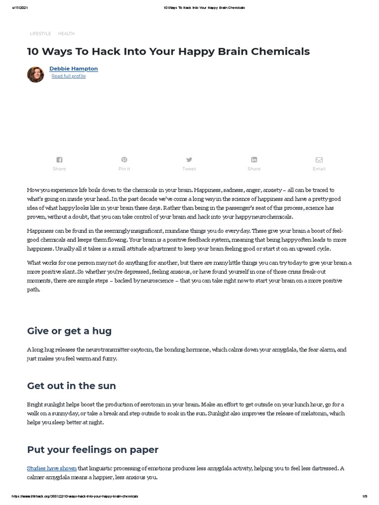 10 Ways To Hack Into Your Happy Brain Chemicals | PDF | Laughter | Anxiety