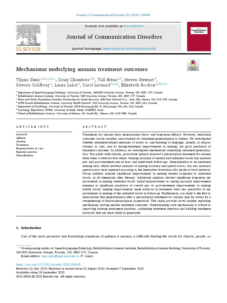 Simic 2020 Anomia Treatment Outcomes | PDF | Aphasia | Dependent And ...