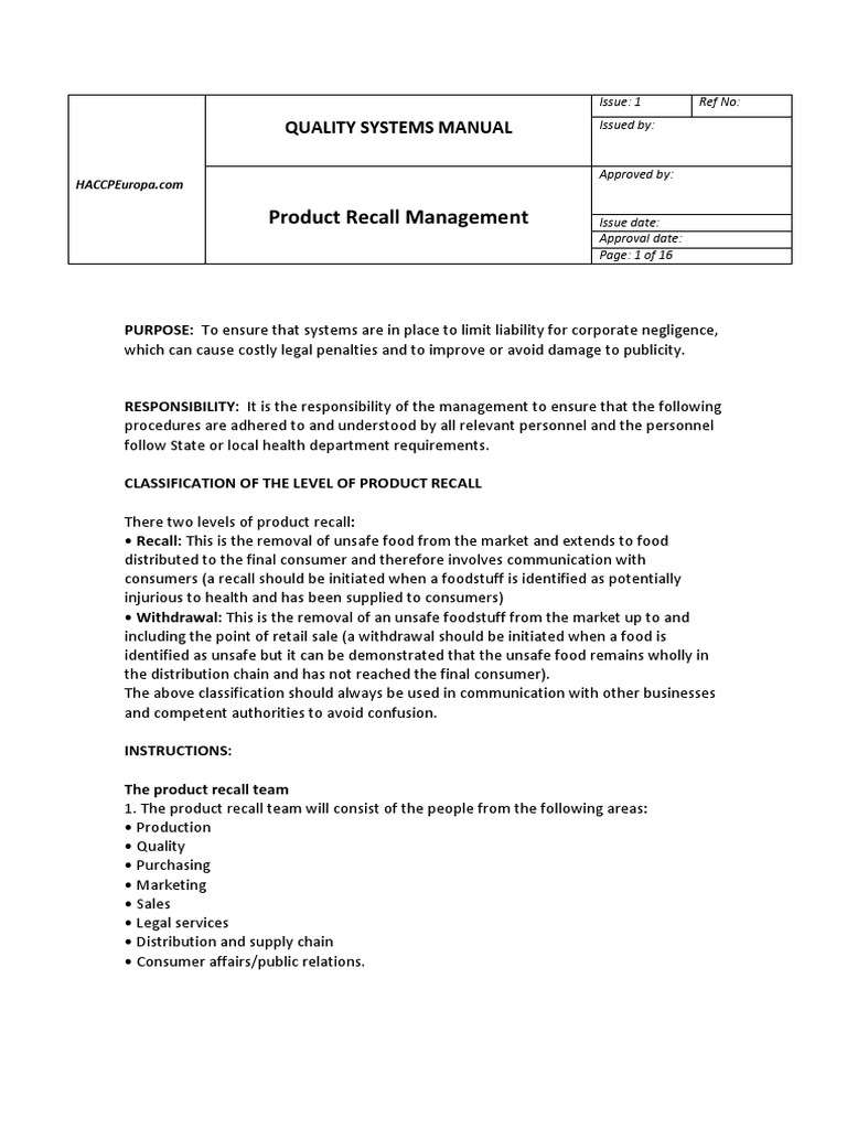 Product Recall Management: Quality Systems Manual | PDF | Botulinum ...