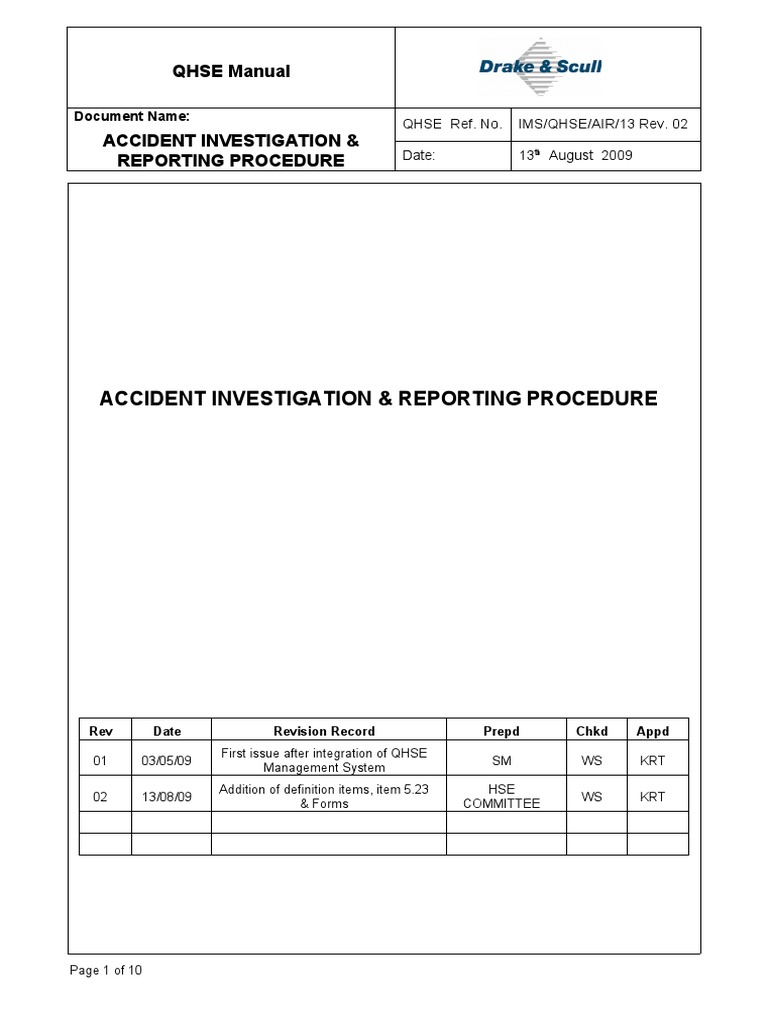 Accident Investigation & Reporting Procedure: QHSE Manual | Download ...