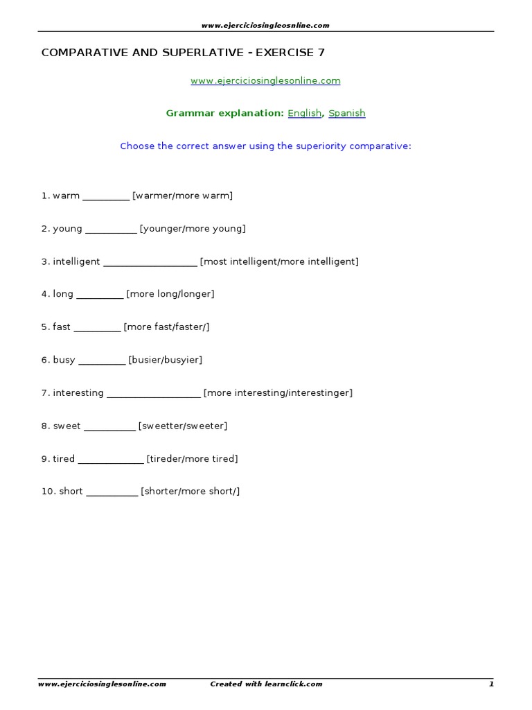 Comparative and Superlative Exercise 7 | PDF