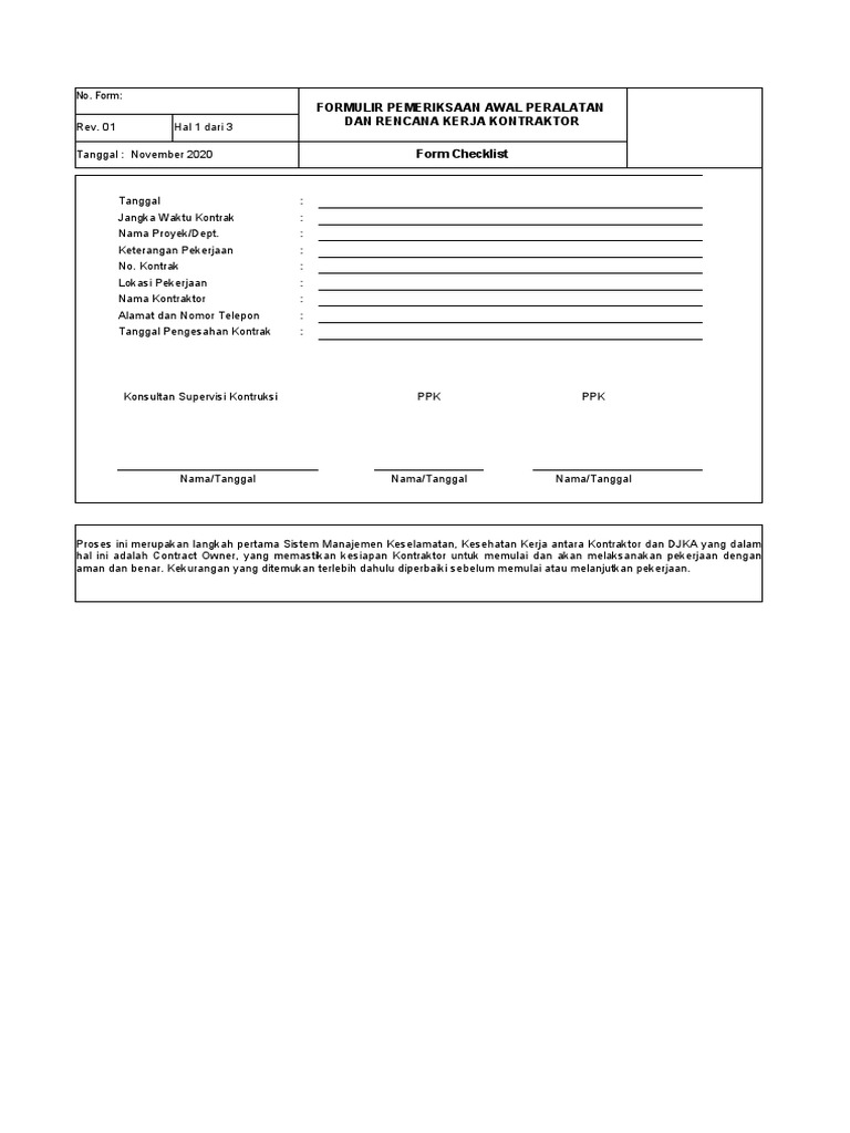 Form Checklist Sistem Manajemen K3 Kontraktor Tahap Pelaksanaan Awal Proyek | PDF | Teknologi ...
