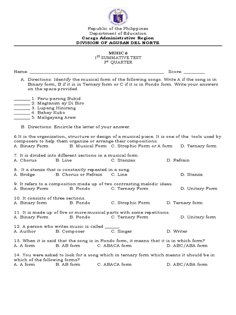 Music 6 - 3rd Quarter 1st Summative | PDF | Musical Forms | Classical Music
