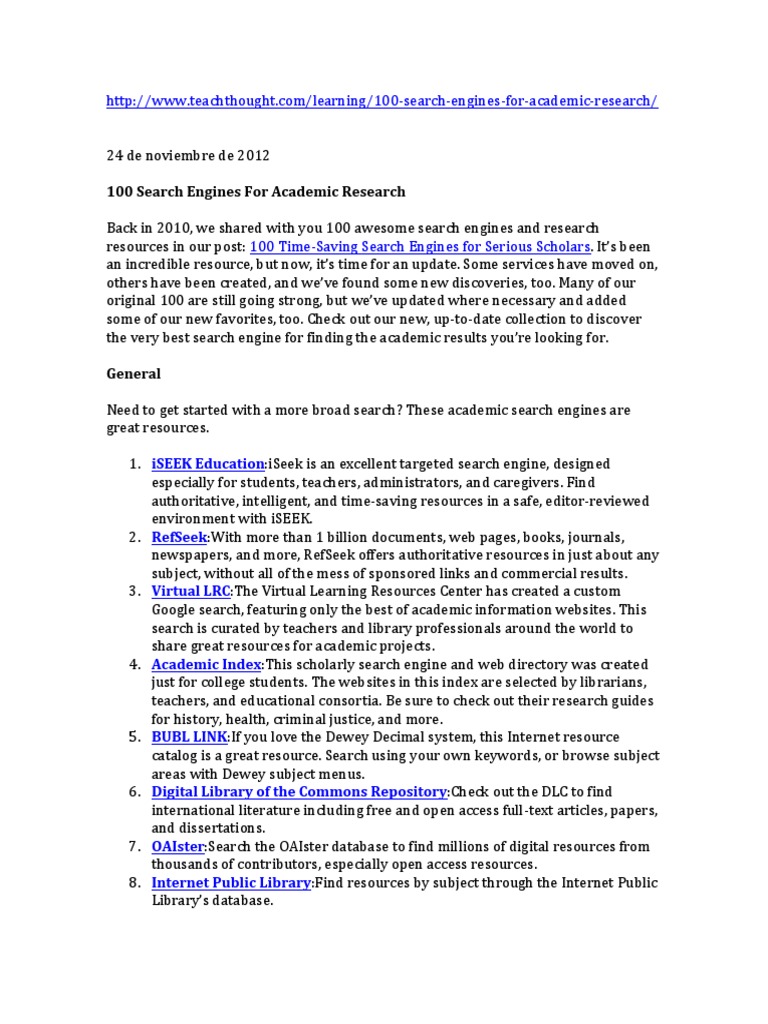 100 Search Engines For Academic Research: iSEEK Education | PDF ...