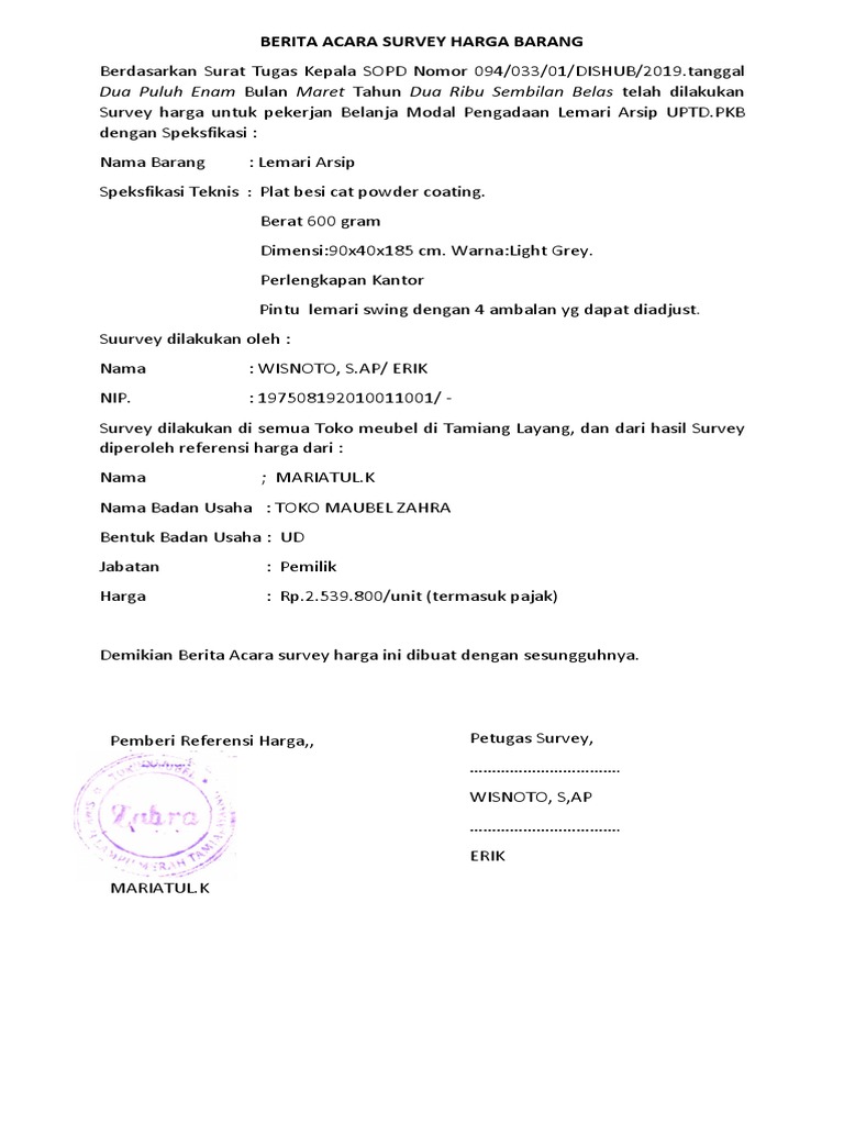 Berita Acara Survey Harga Barang | PDF