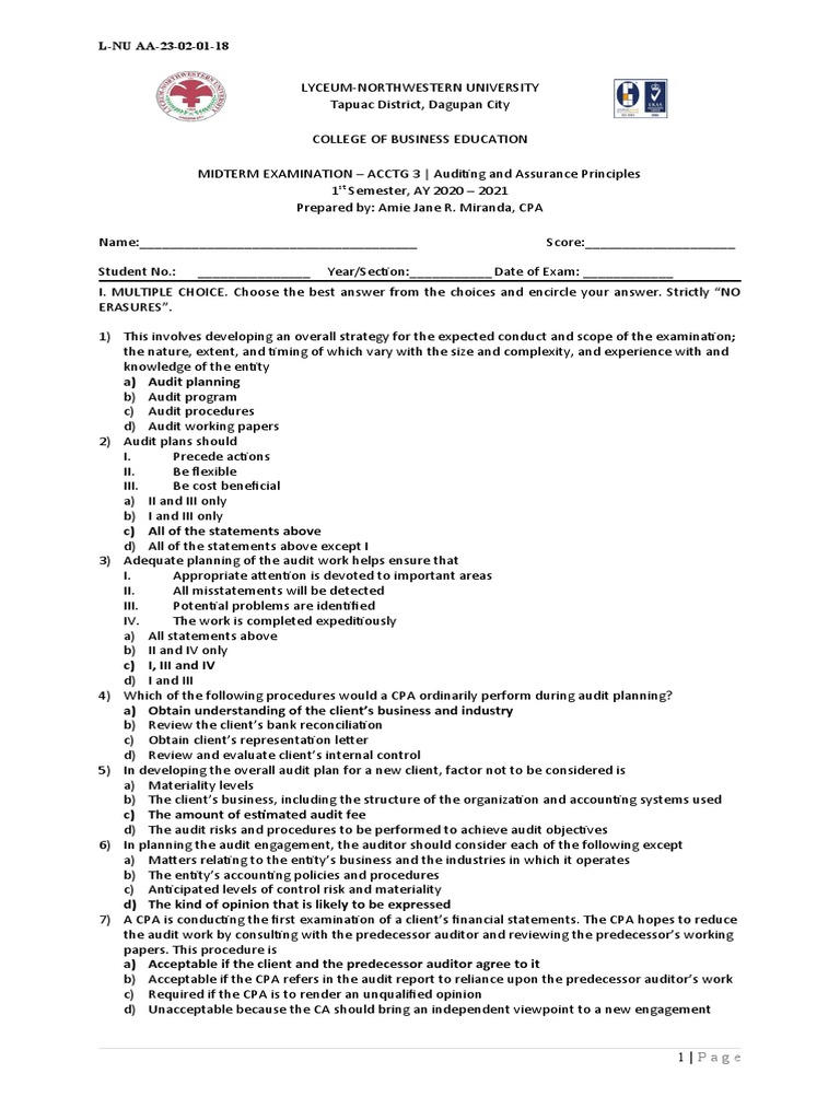 Midterm Aud Theo | PDF | Internal Control | Audit