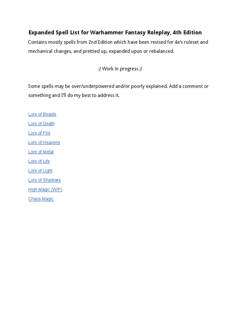 Expanded Spell List For Warhammer Fantasy Roleplay 4th Edition | PDF | Sky | Self Control
