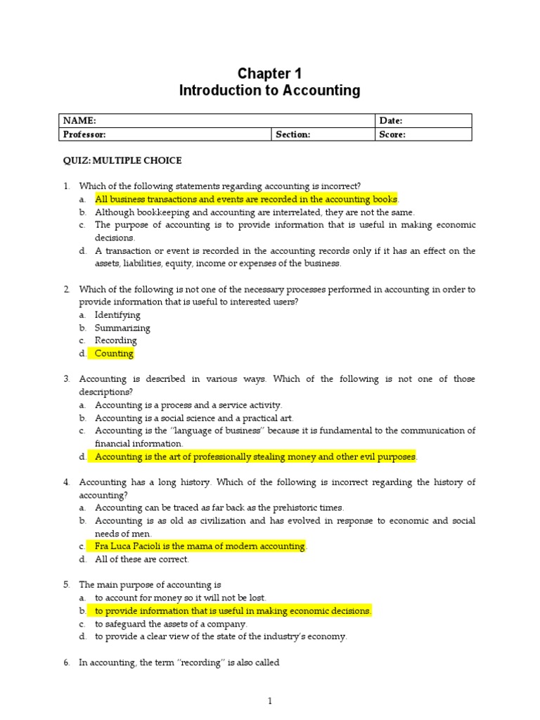 Introduction To Accounting: Name: Date: Professor: Section: Score: Quiz ...