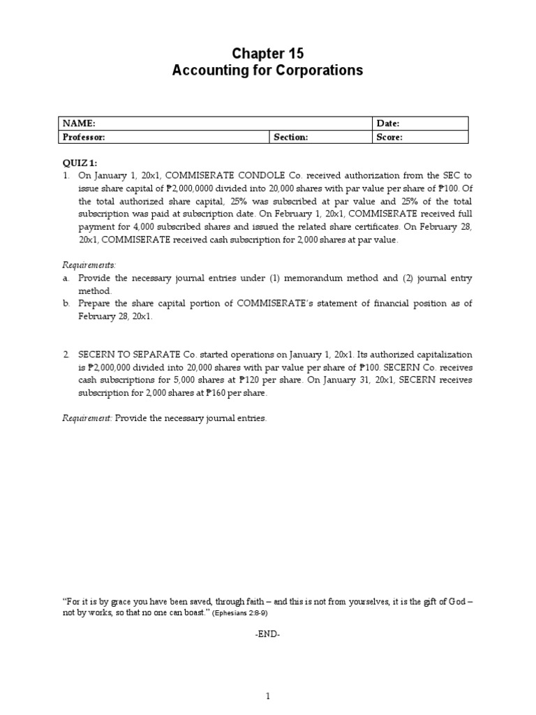 Accounting for Corporations Quiz Solutions | PDF | Subscription ...