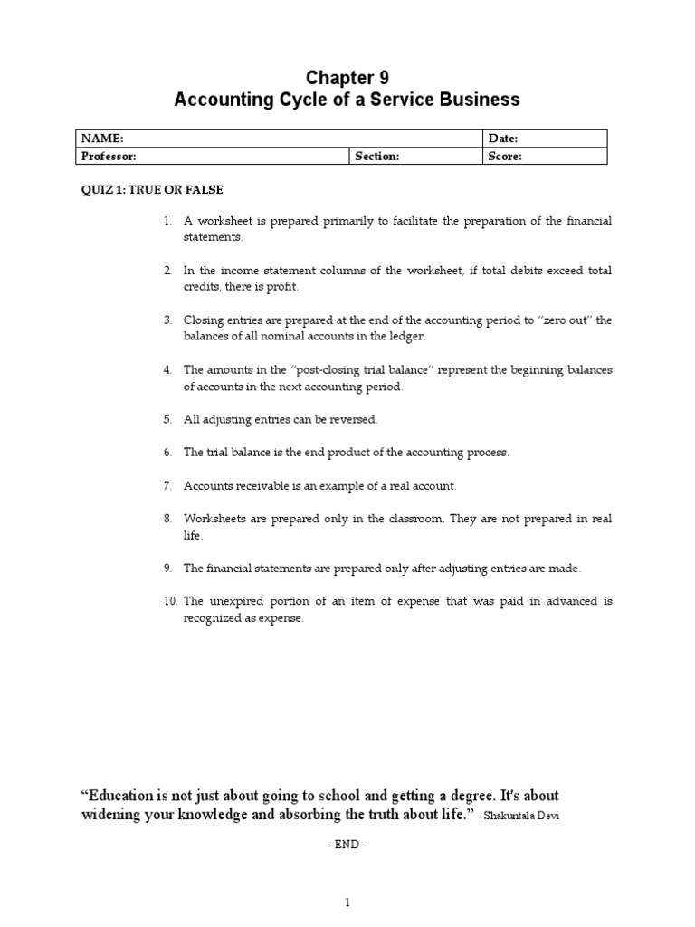 Quizzes - Chapter 9 - Acctg Cycle of A Service Business | PDF | Equity (Finance) | Debits And ...