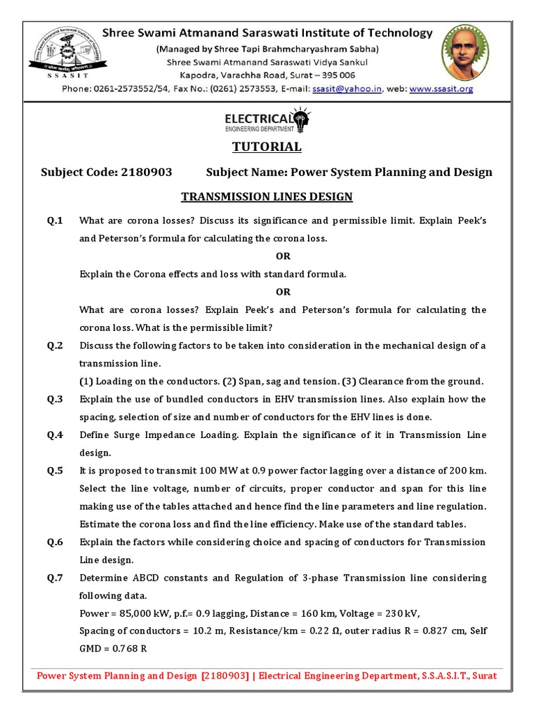 Tutorial: Subject Code: 2180903 Subject Name: Power System Planning and Design Transmission ...