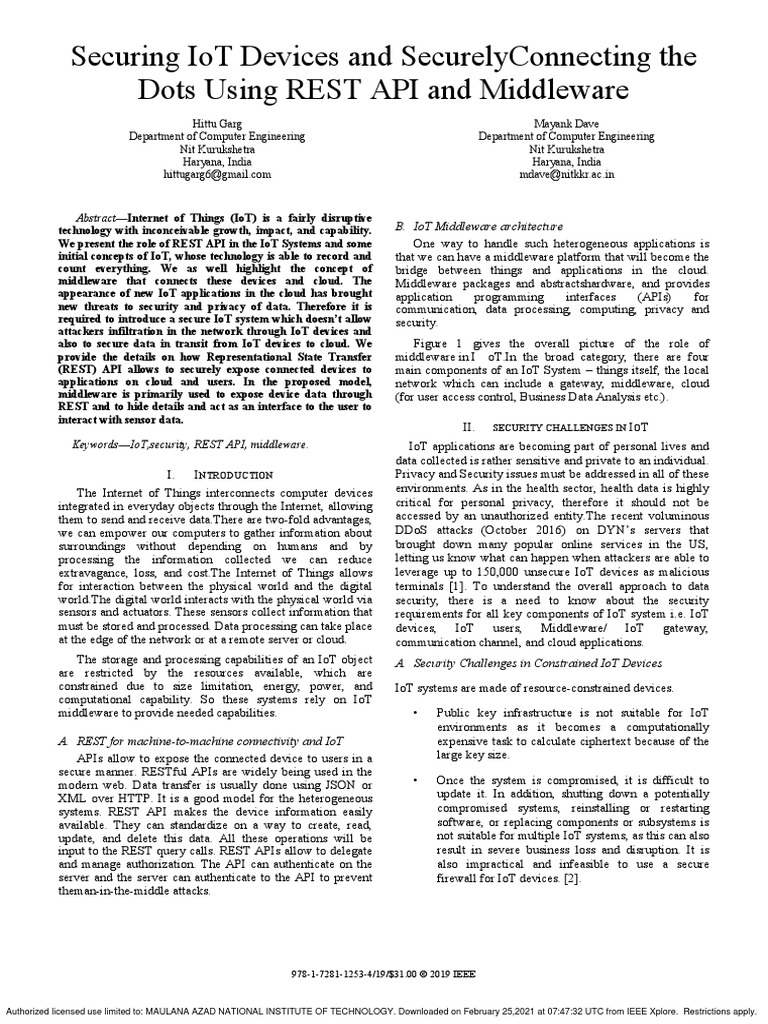 Securing Iot Devices and Securelyconnecting The Dots Using Rest Api and Middleware | PDF ...