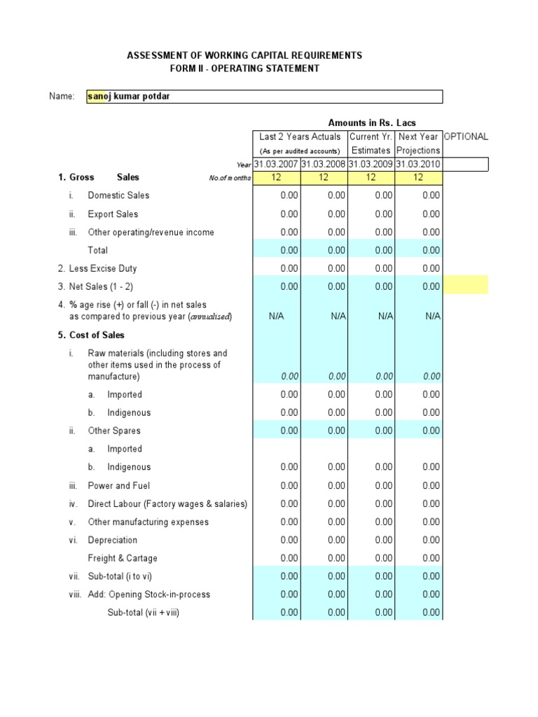 Assessment of Working Capital Requirements Form Ii - Operating ...