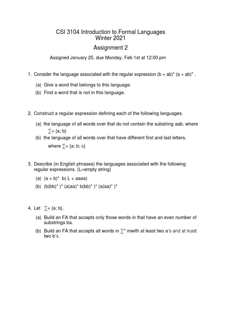 CSI 3104 Introduction To Formal Languages Winter 2021 Assignment 2 | PDF