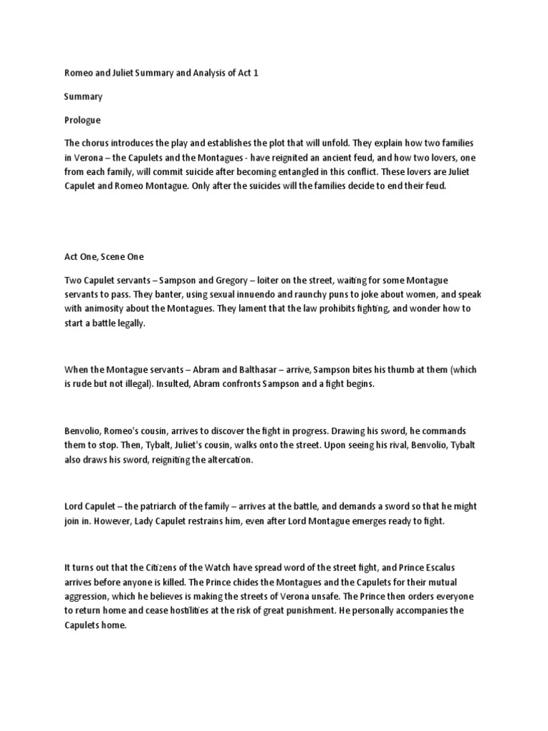 Romeo and Juliet Summary and Analysis of Act 1 | PDF | Characters In ...