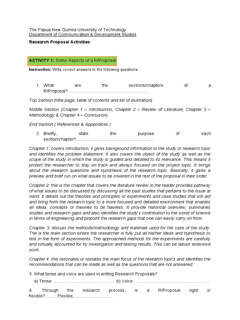 Research Proposal Activities: Instruction: Write Correct Answers To The ...