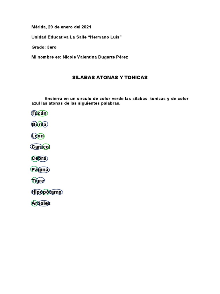 Silabas Tónicas y Átonas en Palabras | PDF