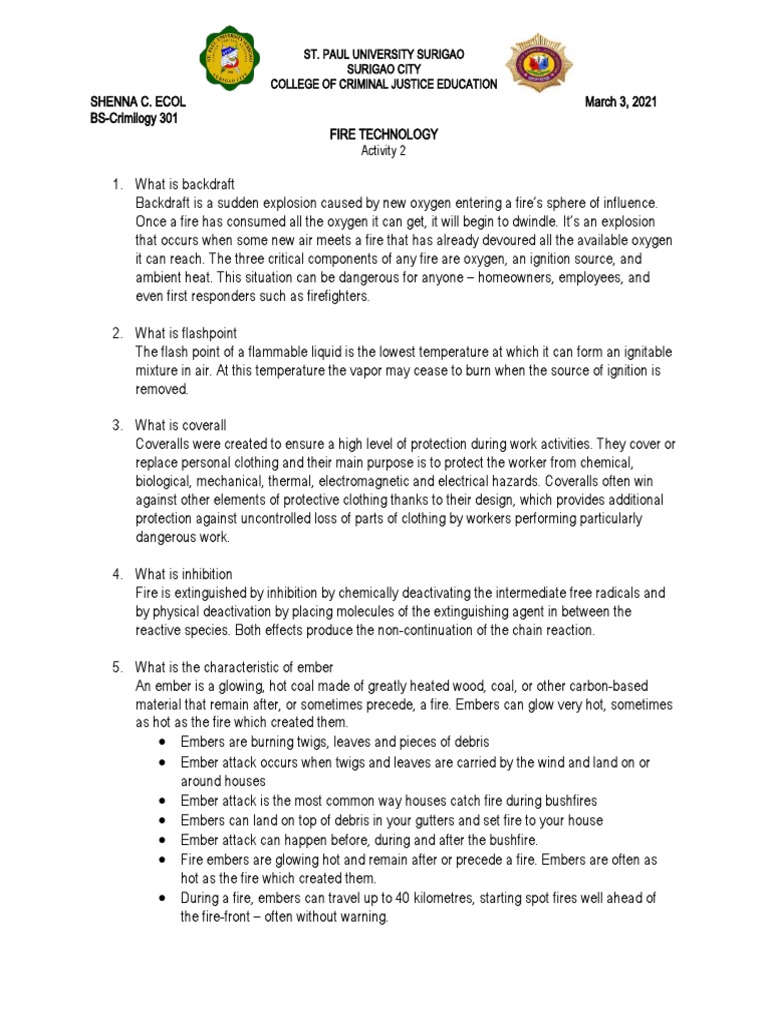 Shenna C. Ecol March 3, 2021 BS-Crimilogy 301 Fire Technology Activity ...