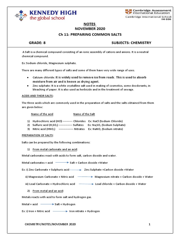 Preparation and Balancing of Common Salts: Notes on Salts, Acids, Bases ...