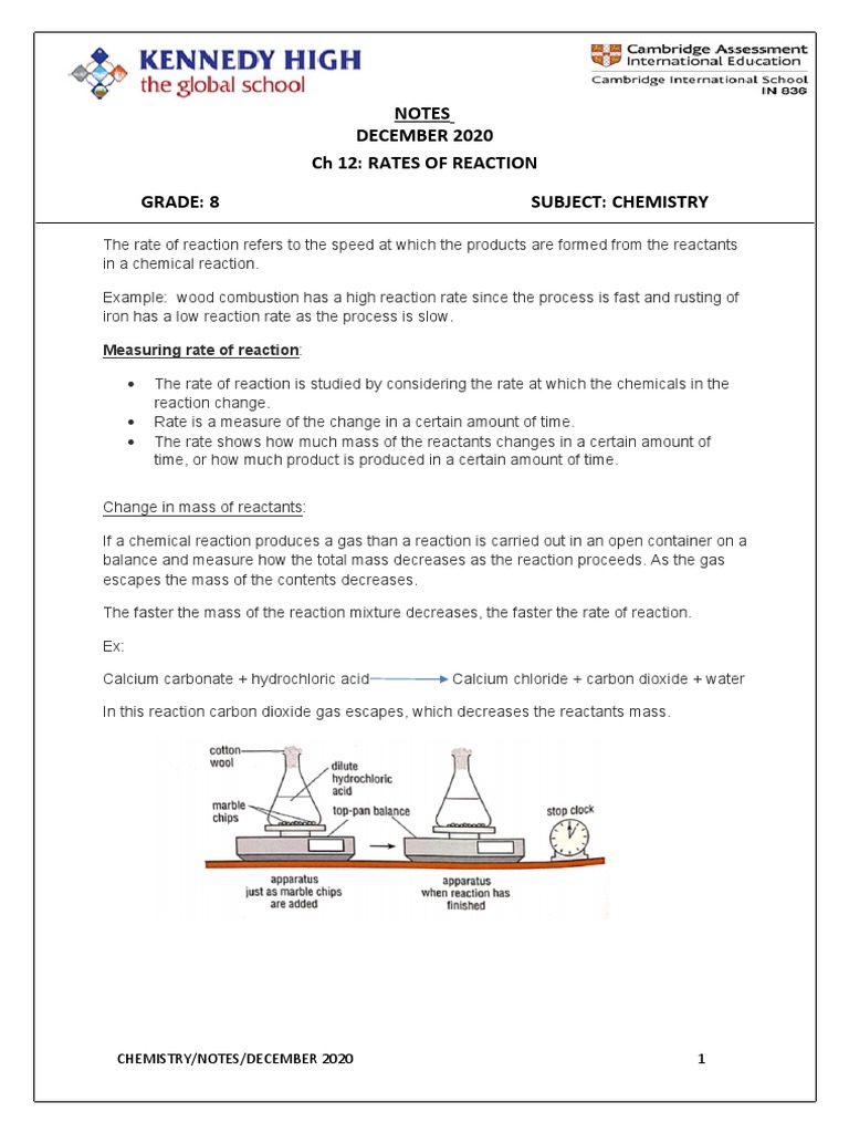 Notes December 2020 CH 12: Rates of Reaction Grade: 8 Subject ...