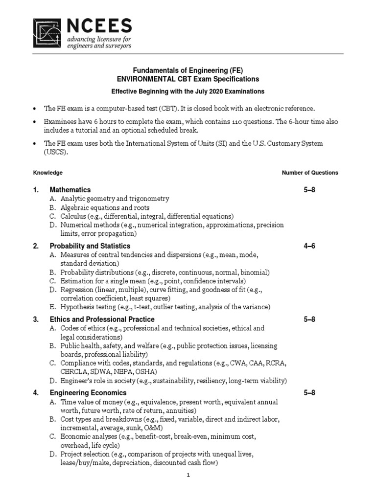 Fundamentals of Engineering (FE) ENVIRONMENTAL CBT Exam Specifications | PDF | Sewage Treatment ...