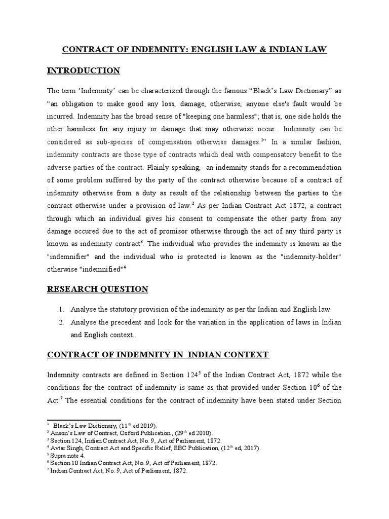 Contract Of Indemnity Project Pdf Indemnity Contract Law