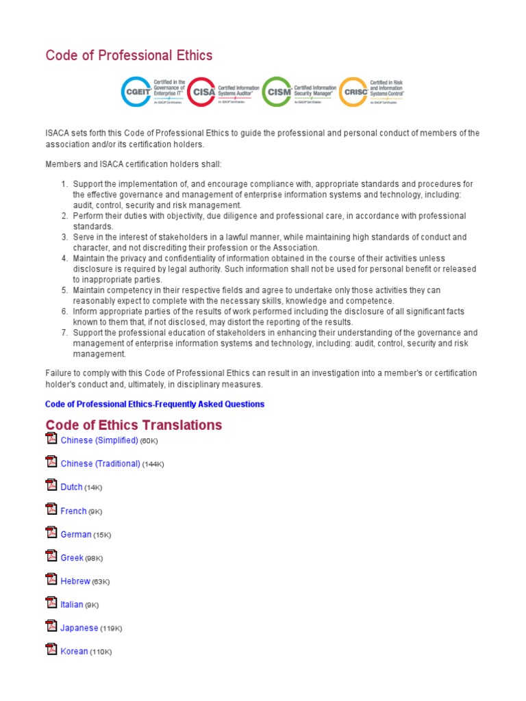 ISACA Code of Professional Ethics | PDF