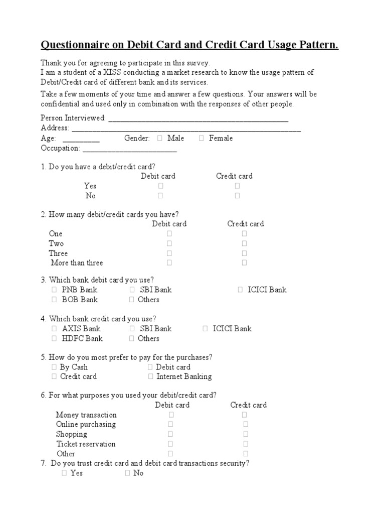 Questionnaire On Debit Card and Credit Card Usage Pattern | PDF | Debit ...