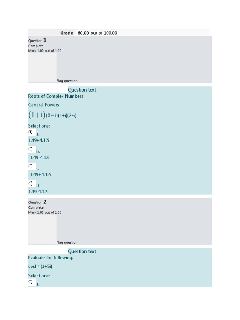 Grade 60.00 Out of 100.00: Question Text | PDF | Complex Analysis ...