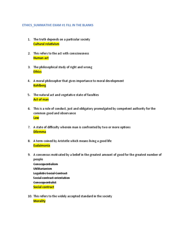 Ethics Fill in The Blanks | PDF