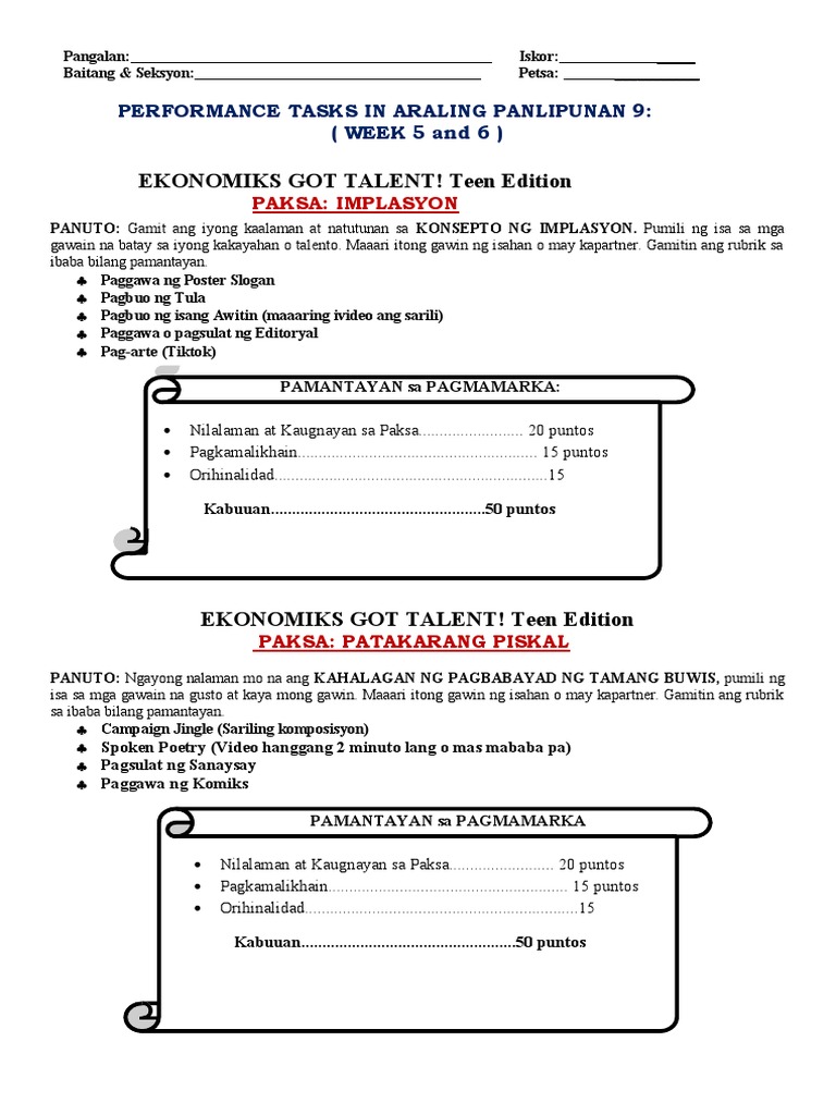 PERFORMANCE TASK IN AP 9 - WEEK 5 and 6 | PDF