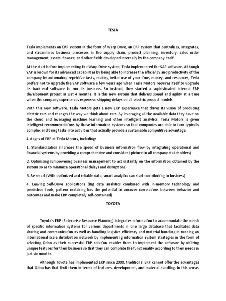 Tesla and Toyota Case Study Analysis | PDF | Enterprise Resource ...