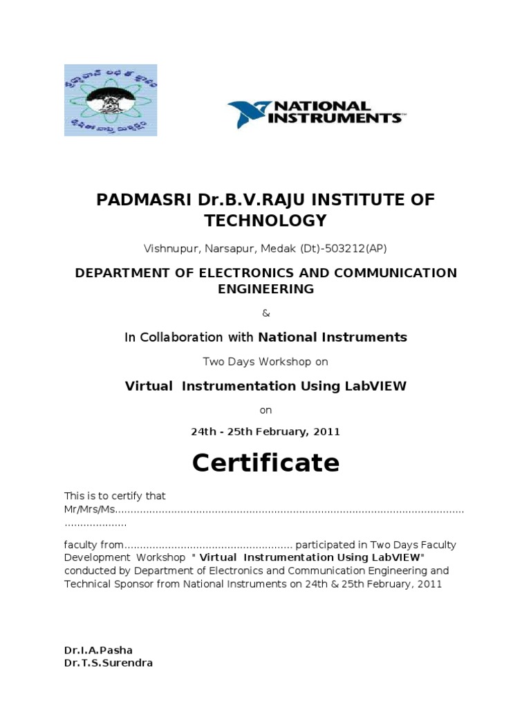 Certificate For Labview Workshop | PDF