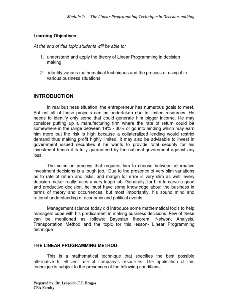 Learning Objectives:: Module 1: The Linear Programming Technique in ...
