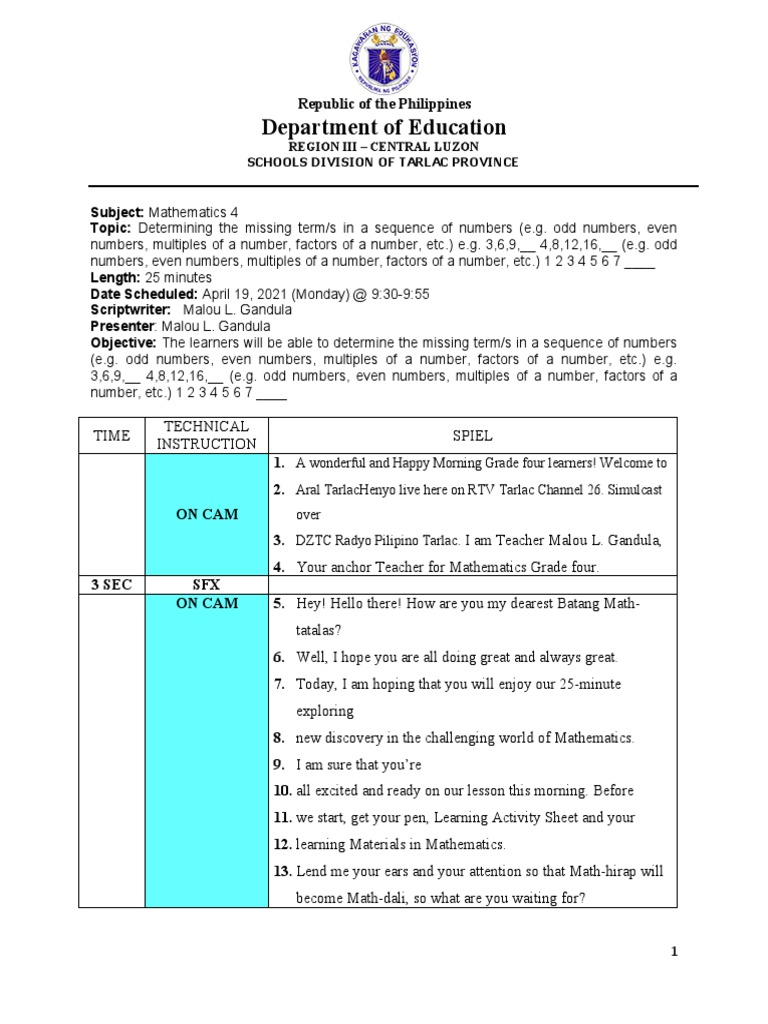 RBI - MATH 4 - SCRIPT - Q3W5 - Final Determining The Missing Term | PDF ...