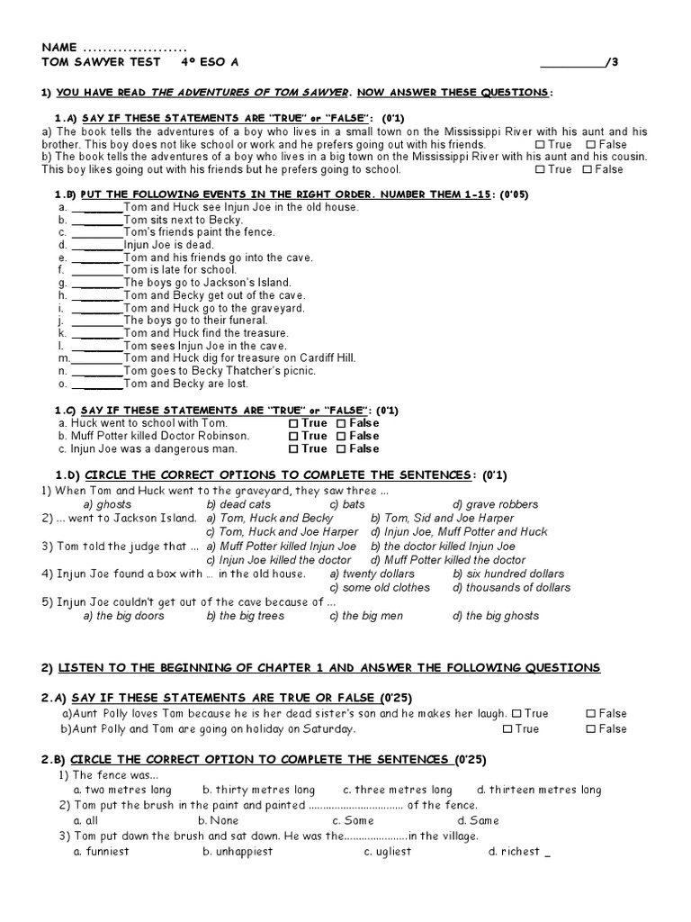 Tom Sawyer Test | PDF | The Adventures Of Tom Sawyer