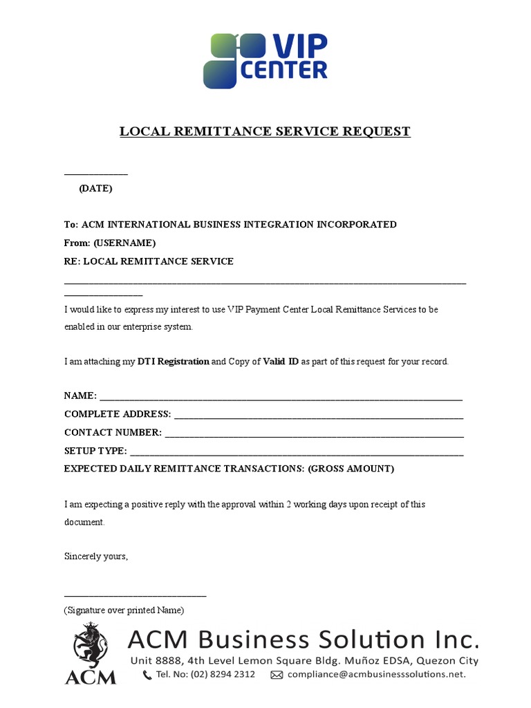 LOCAL REMITTANCE Request Letter | PDF