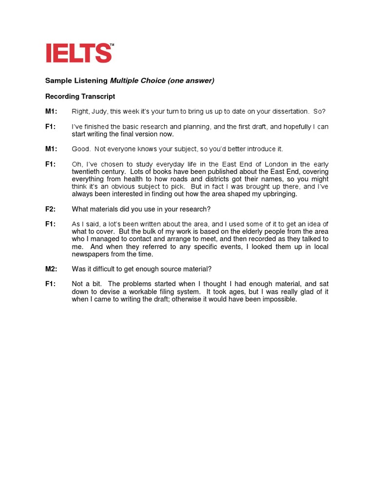 Sample Listening Multiple Choice One Answer Recording Transcript | PDF