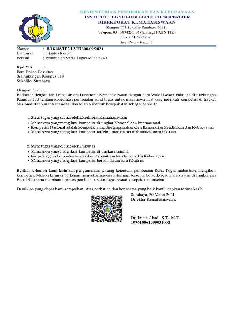 Surat Tugas Mahasiswa ITS Lomba | PDF