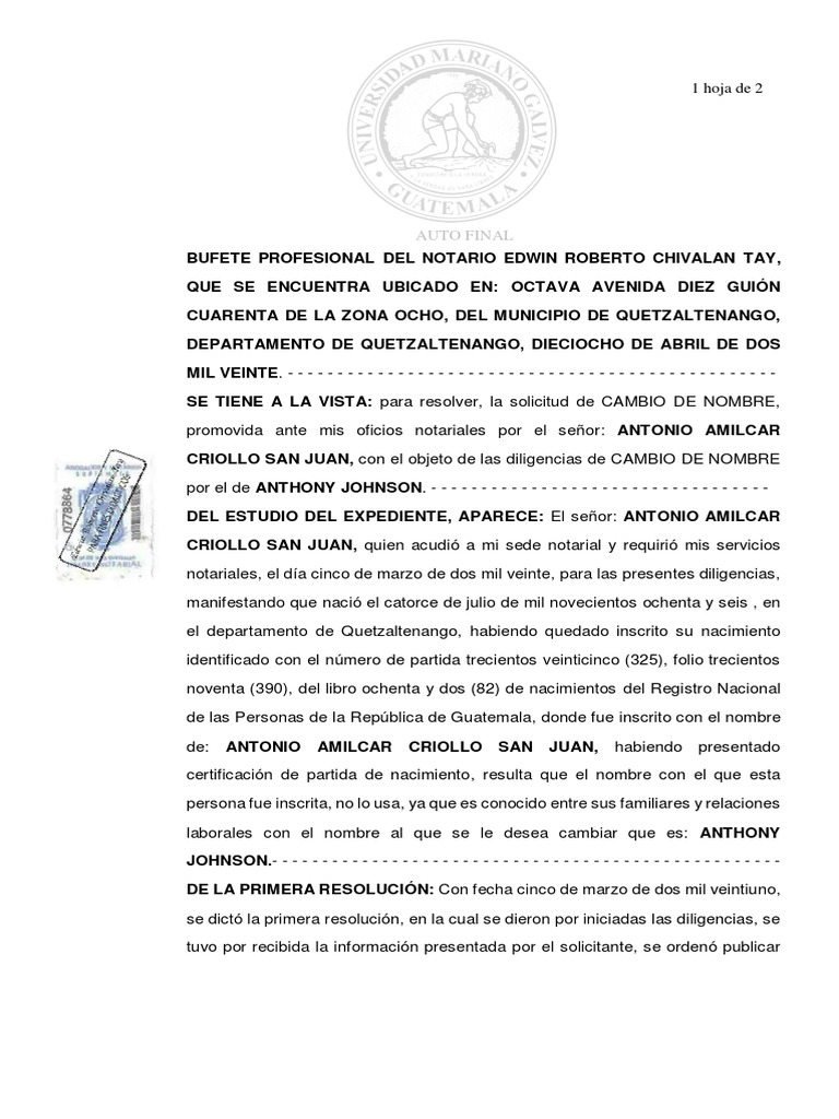 Resolucion Final Cambio de Nombre | PDF | Abogado